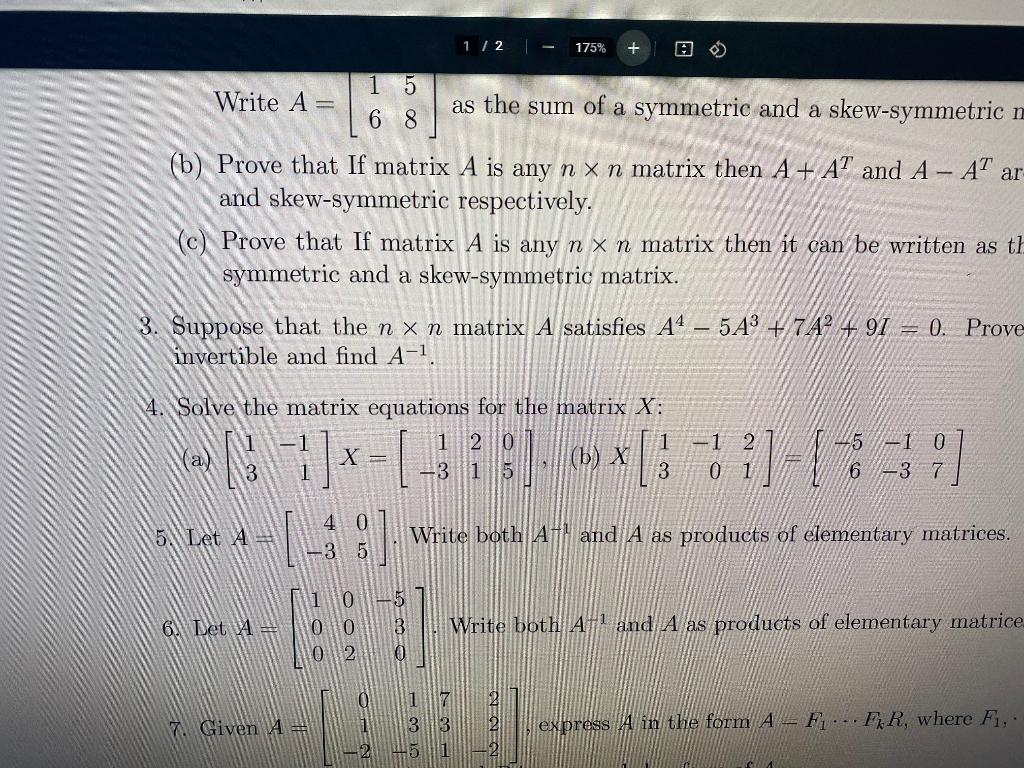 Solved 4. Solve the matrix equations for the matrix X: (a) 1 | Chegg.com