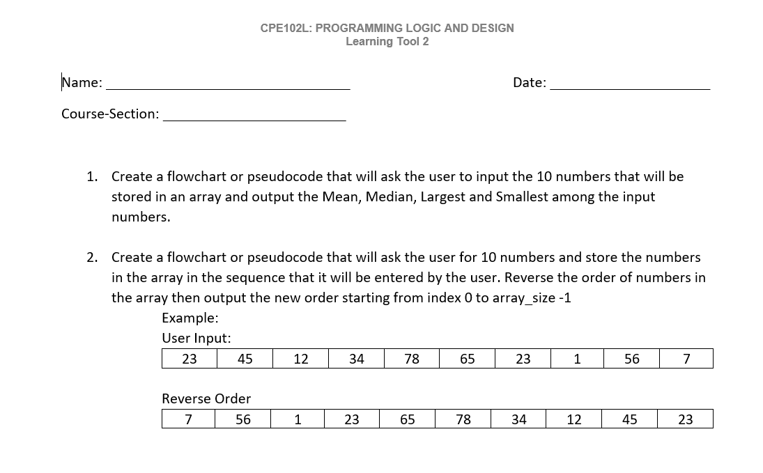 Solved CPE102L: PROGRAMMING LOGIC AND DESIGN Learning Tool 2 | Chegg.com