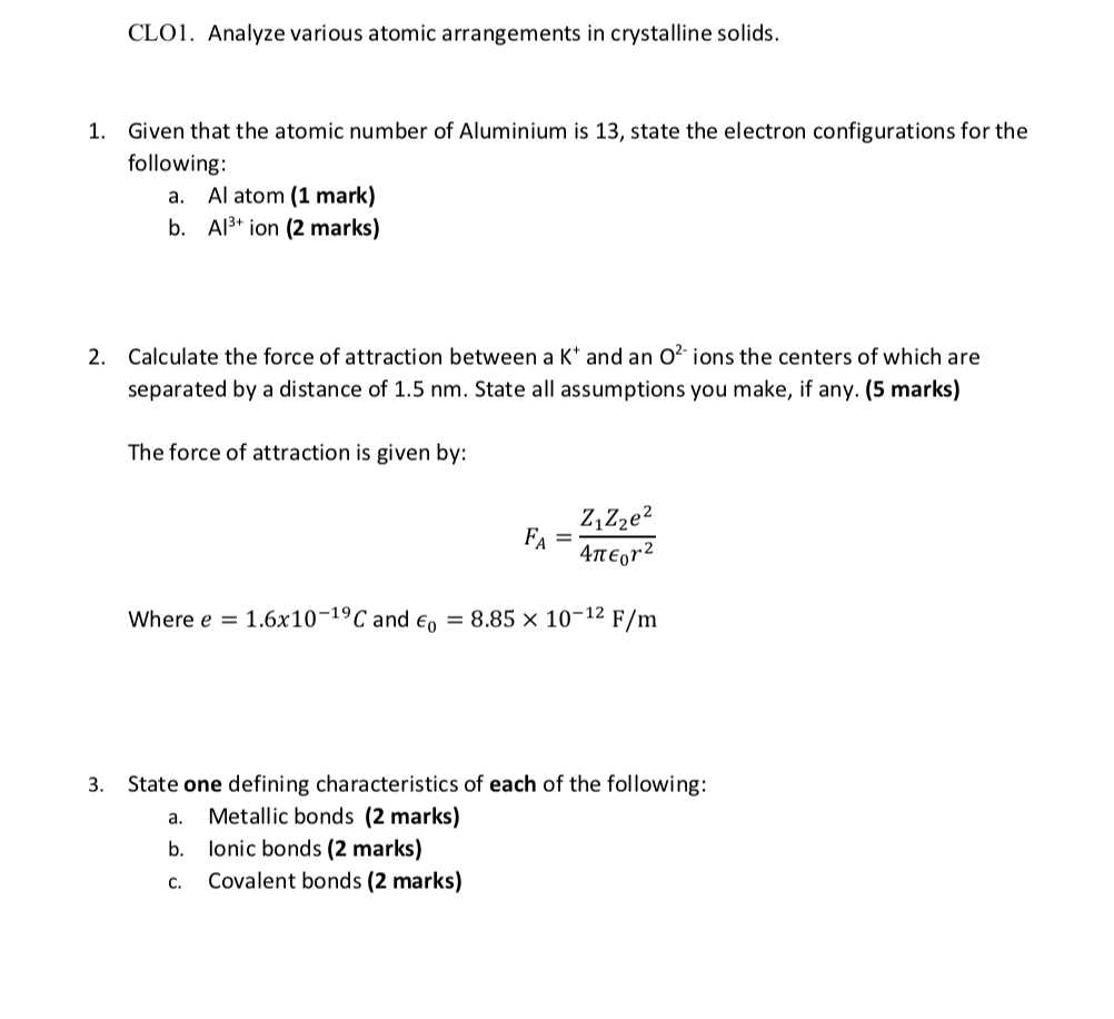 Solved CLO1. Analyze various atomic arrangements in | Chegg.com