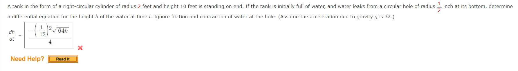 Solved a differential equation for the height h of the water | Chegg.com