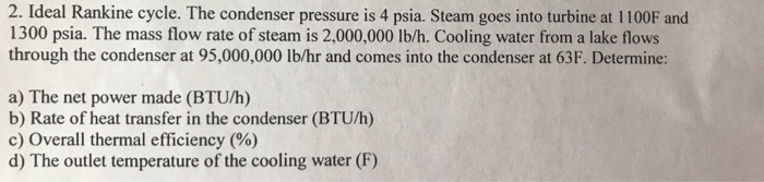 Solved 2. Ideal Rankine cycle. The condenser pressure is 4 | Chegg.com