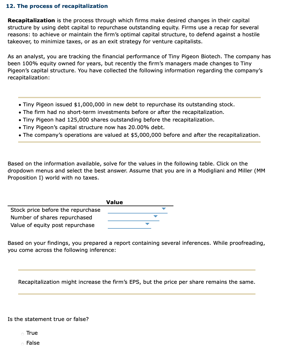 Solved 12. The process of recapitalization Recapitalization | Chegg.com