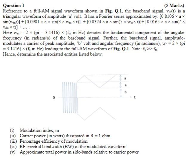Solved Question 1 (5 Marks) Reference to a full-AM signal | Chegg.com
