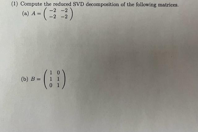 Solved (1) Compute the reduced SVD decomposition of the | Chegg.com