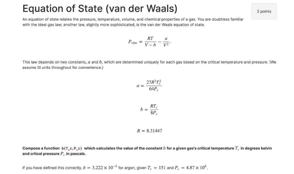 Solved Equation of State (van der Waals) 2 points An | Chegg.com