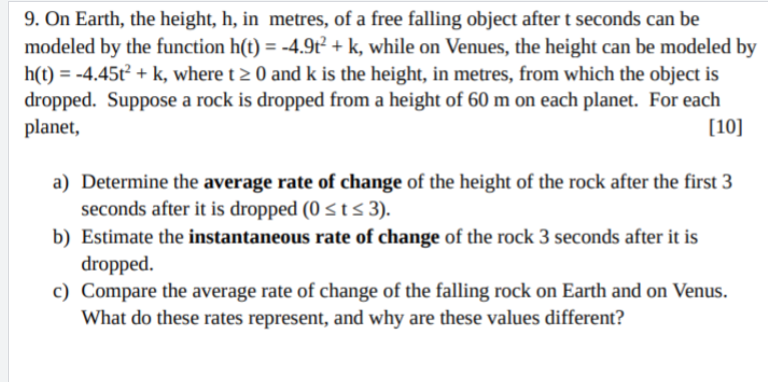 Solved 9. On Earth, the height, h, in metres, of a free | Chegg.com