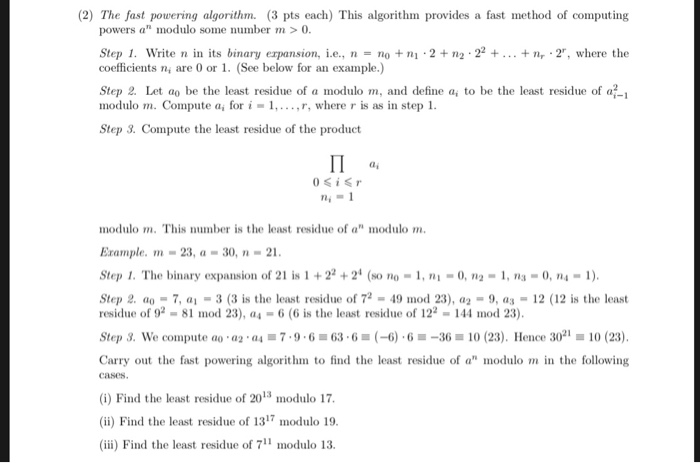 Solved (2) The fast powering algorithm. (3 pts each) This | Chegg.com