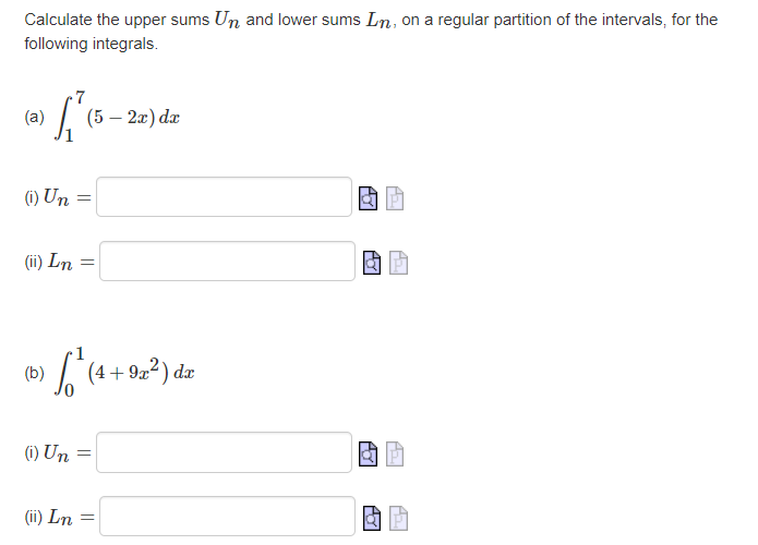 Solved Calculate the upper sums Un and lower sums Ln, on a | Chegg.com