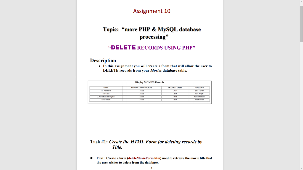 Solved Assignment 10 Topic: "more PHP & MySQL database | Chegg.com