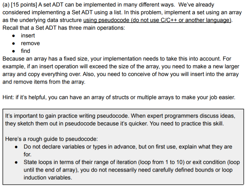 Solved (a) [15 points] A set ADT can be implemented in many | Chegg.com