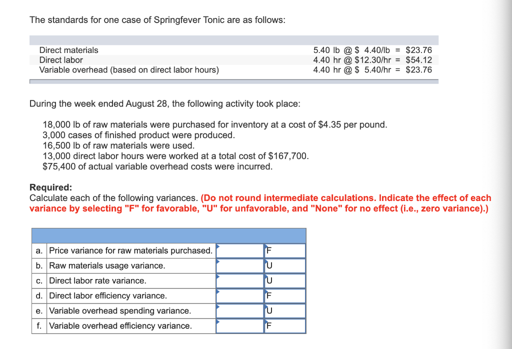 Solved The standards for one case of Springfever Tonic are | Chegg.com