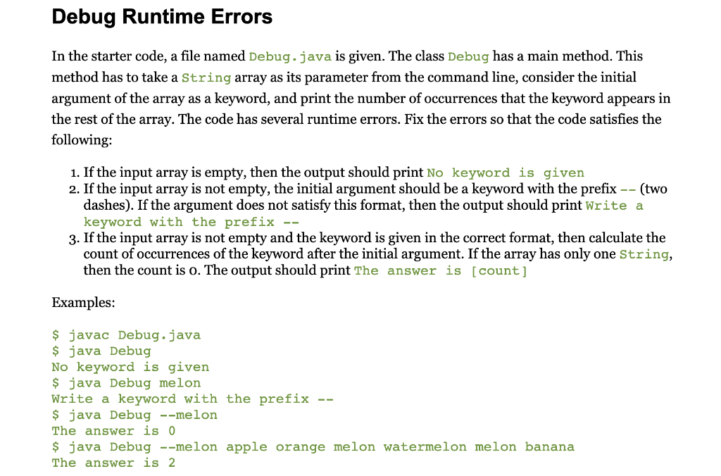 Solved In the starter code, a file named Debug . java is | Chegg.com