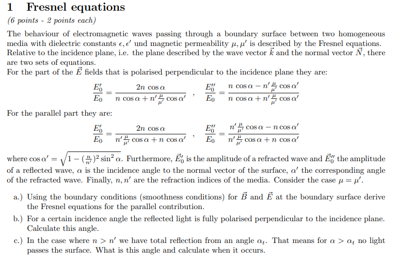 ⊥ Fresnel equations (6 points - 2 points each) The | Chegg.com