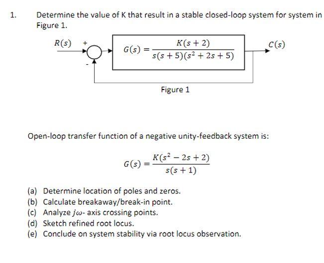 Solved 1. Determine the value of K that result in a stable | Chegg.com