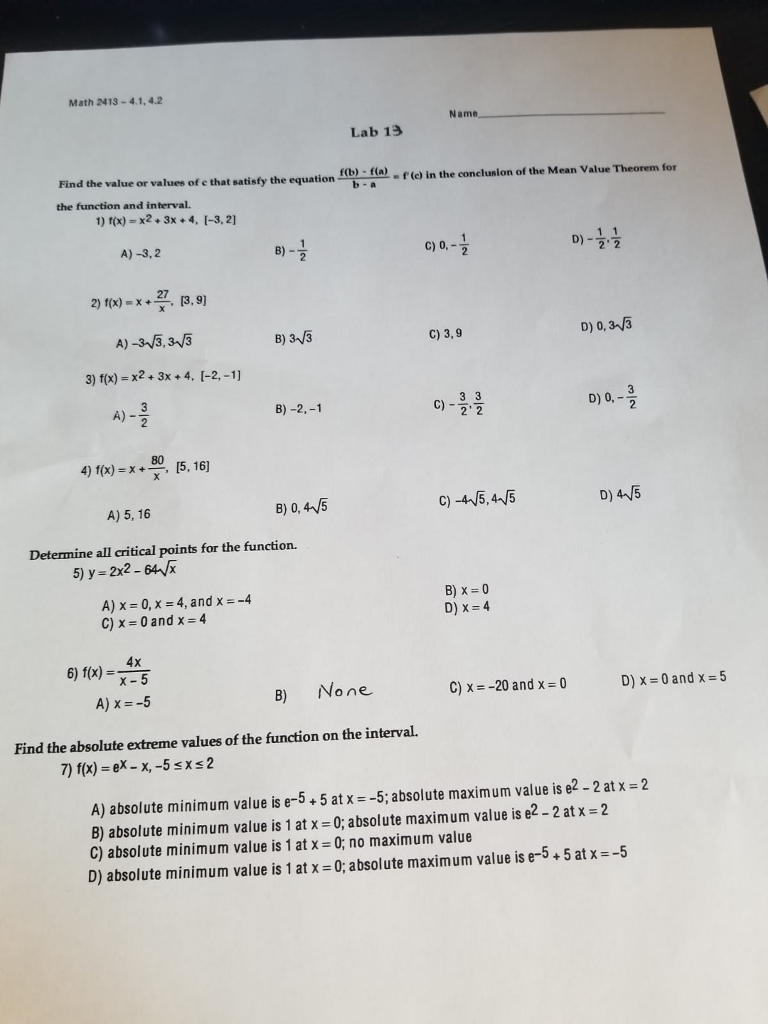 Solved Math 2413-4.1, 4.2 Name Lab 13 Find the value or | Chegg.com