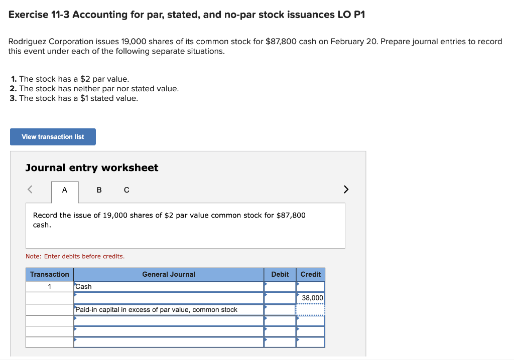 Solved Exercise 11-3 Accounting for par, stated, and no-par | Chegg.com