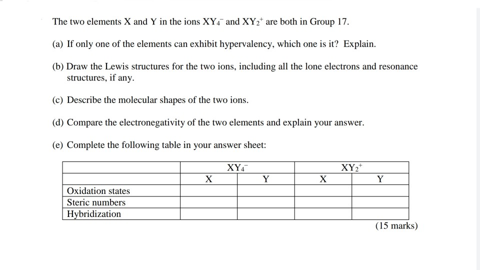 Solved The two elements X and Y in the ions XY4 and XY are | Chegg.com