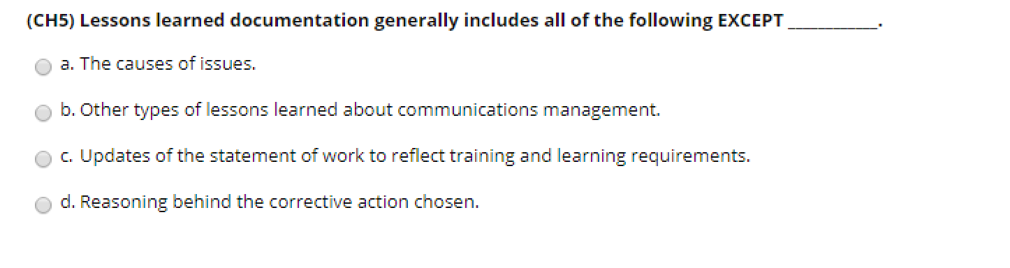 Solved (CH5) Lessons learned documentation generally | Chegg.com