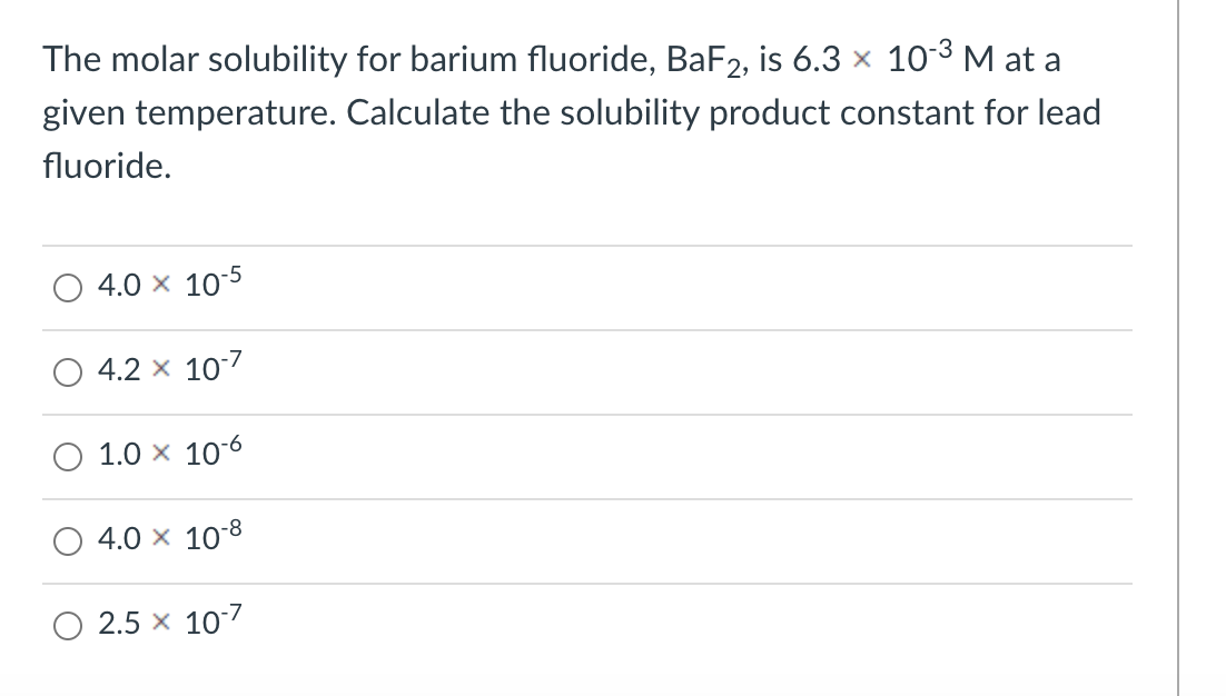 Solved The molar solubility for barium fluoride, BaF2, is | Chegg.com
