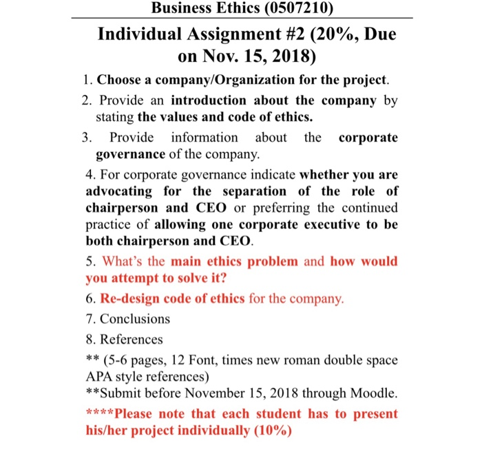 Solved Business Ethics (0507210) Individual Assignment #2 | Chegg.com