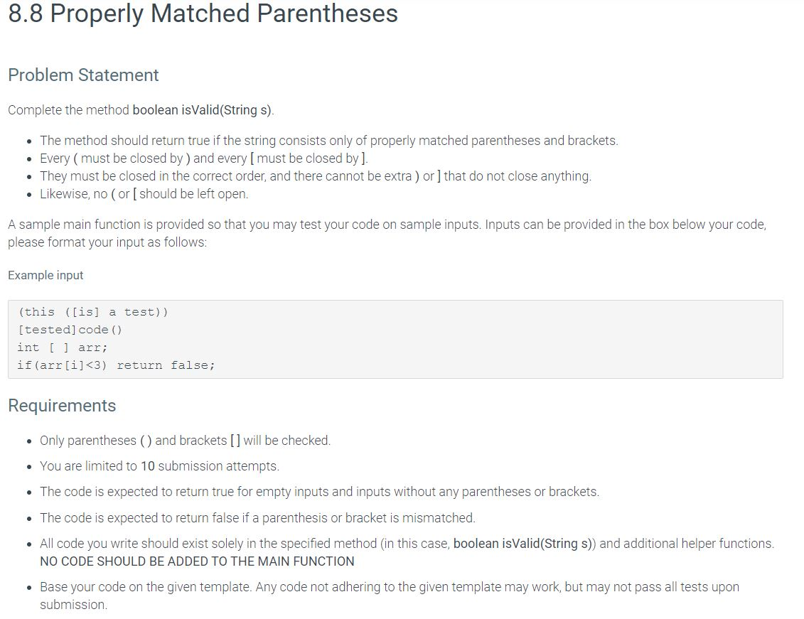 Solved 8.8 Properly Matched Parentheses Problem Statement | Chegg.com