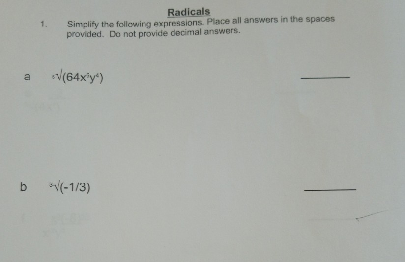 Solved Radicals Simplify the following expressions. Place | Chegg.com