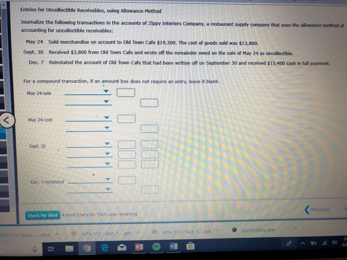 Solved Entries for Uncollectible Receivables, using | Chegg.com
