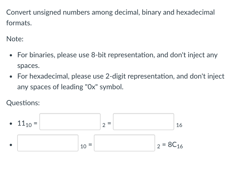 Solved Convert unsigned numbers among decimal, binary and | Chegg.com