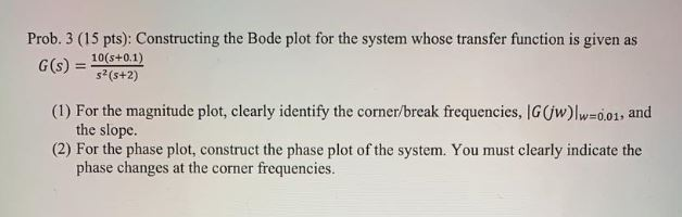 Solved Prob. 3 (15 pts): Constructing the Bode plot for the | Chegg.com