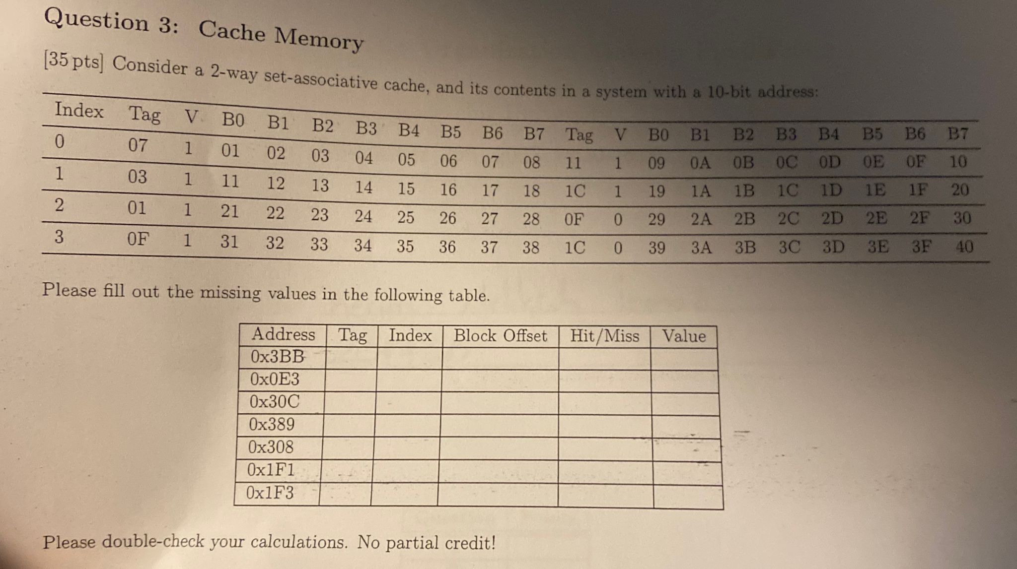 Question 3: Cache Memory [35 pts] Consider a 2-way | Chegg.com