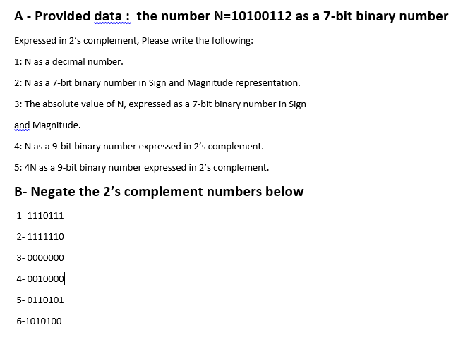Solved A - Provided data: the number N-10100112 as a 7-bit | Chegg.com
