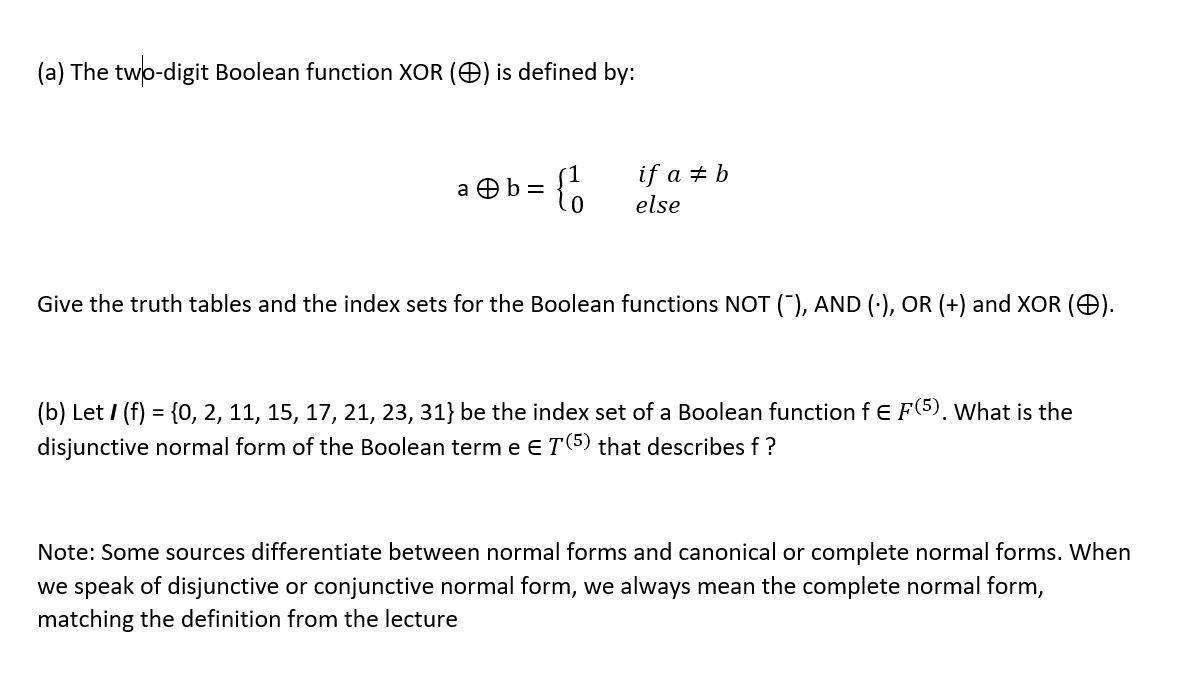 Solved (a) The two-digit Boolean function XOR (O) is defined | Chegg.com