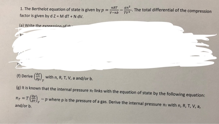 Solved MRT an 1. The Berthelot equation of state is by. The | Chegg.com