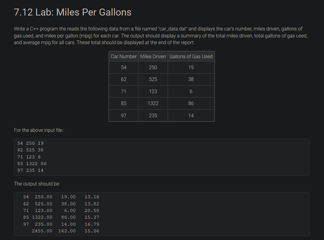 Solved 7.12 Lab: Miles Per Gallons Write a C++ program the | Chegg.com