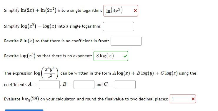 Solved Simplify ln(2x)+ln(2x2) into a single logarithm: | Chegg.com