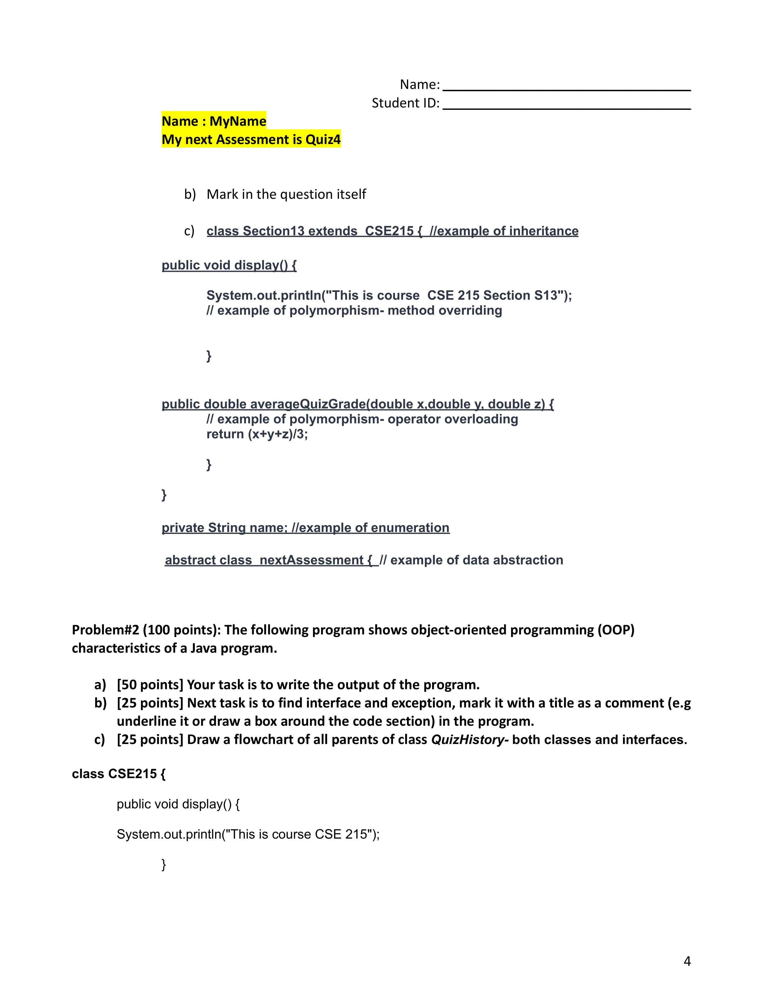 Name: Student ID: CSE 215: Programming Language II | Chegg.com