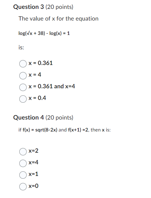 Solved The value of x for the equation log(x+38)−log(x)=1 | Chegg.com