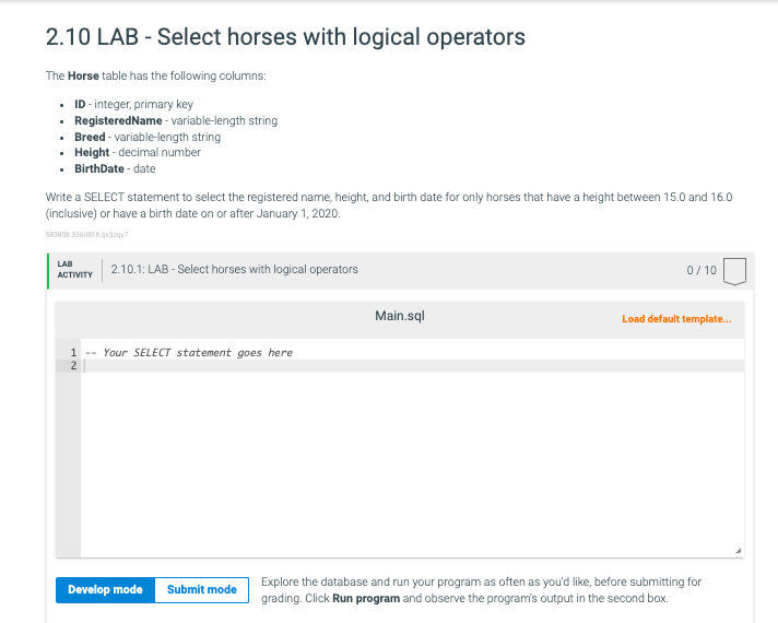 Solved 2.10 ﻿LAB - ﻿Select horses with logical operatorsThe | Chegg.com