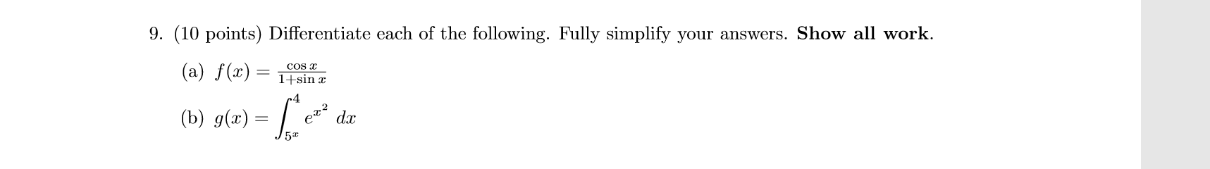 Solved 9. (10 points) Differentiate each of the following. | Chegg.com