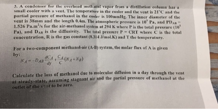 Solved 3. A condenser for the overhead methanol vapor from a | Chegg.com