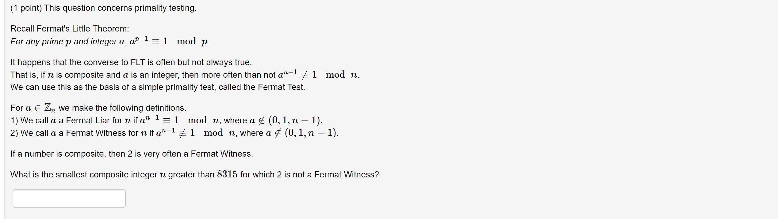 Solved (1 point) This question concerns primality testing. | Chegg.com