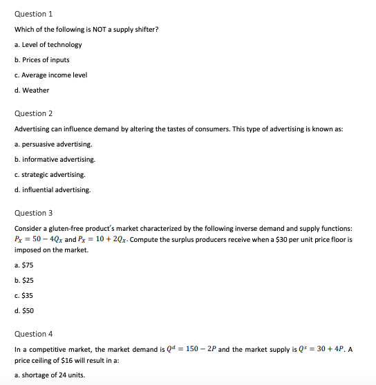 Solved Question 1 Which of the following is NOT a supply | Chegg.com