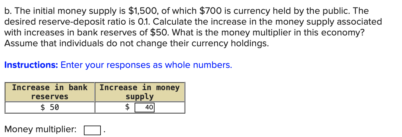 Solved b. The initial money supply is $1,500, of which $700 | Chegg.com