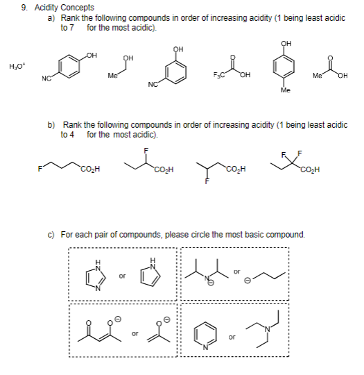 Solved 9. Acidity Concepts a) Rank the following compounds | Chegg.com