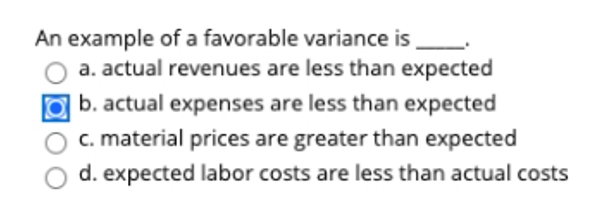 Solved An example of a favorable variance is a. actual | Chegg.com