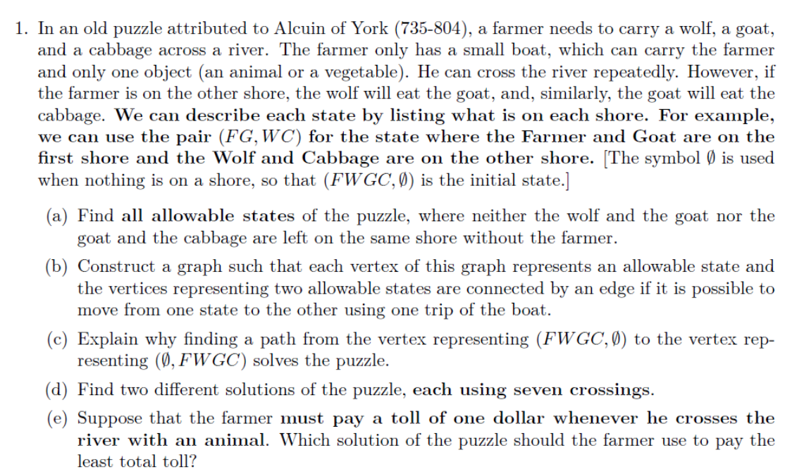 Solved 1. In an old puzzle attributed to Alcuin of York | Chegg.com