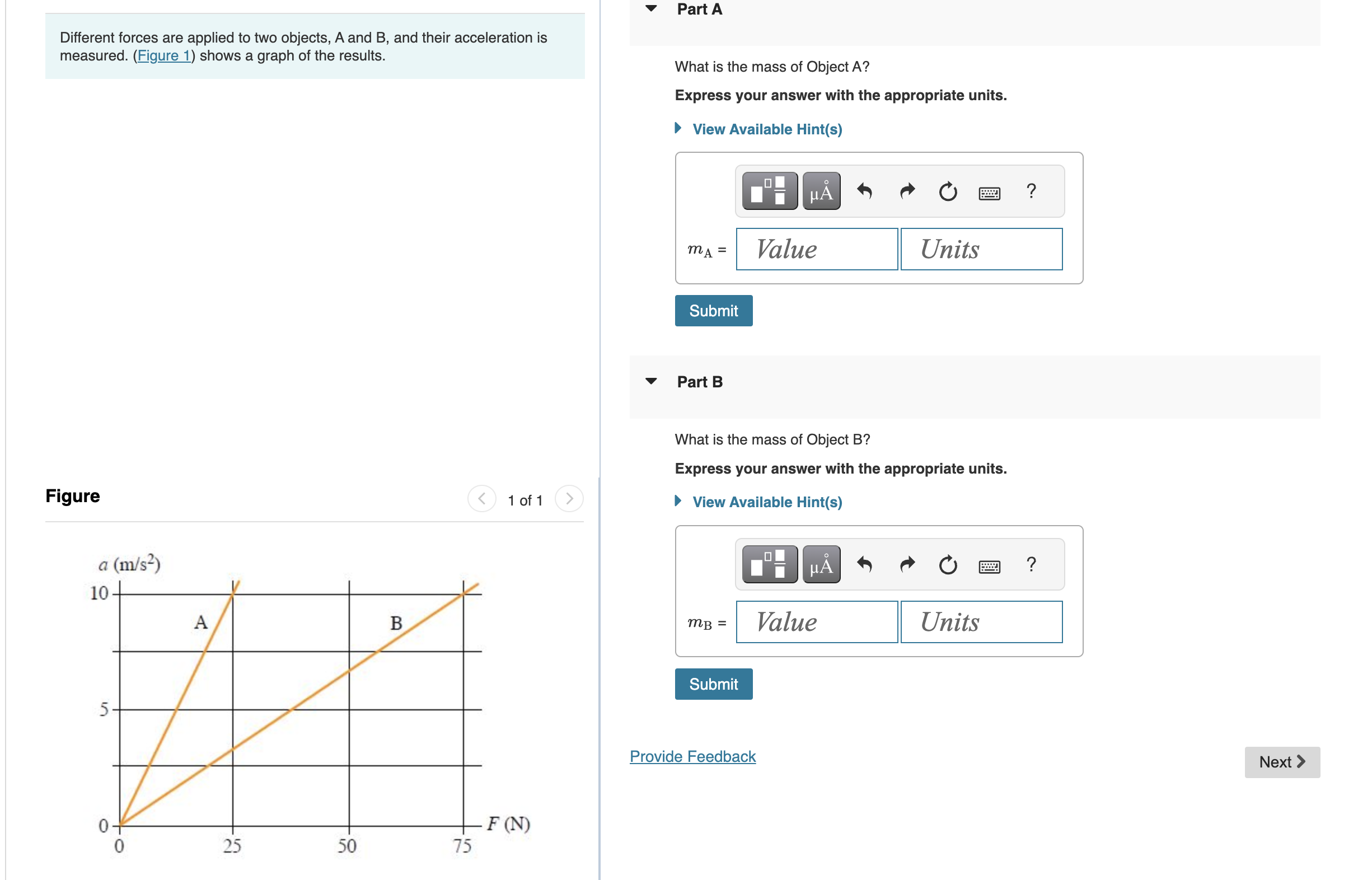 Solved Different forces are applied to two objects, A and B, | Chegg.com