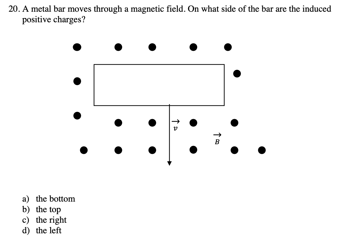 Solved 20. A metal bar moves through a magnetic field. On | Chegg.com