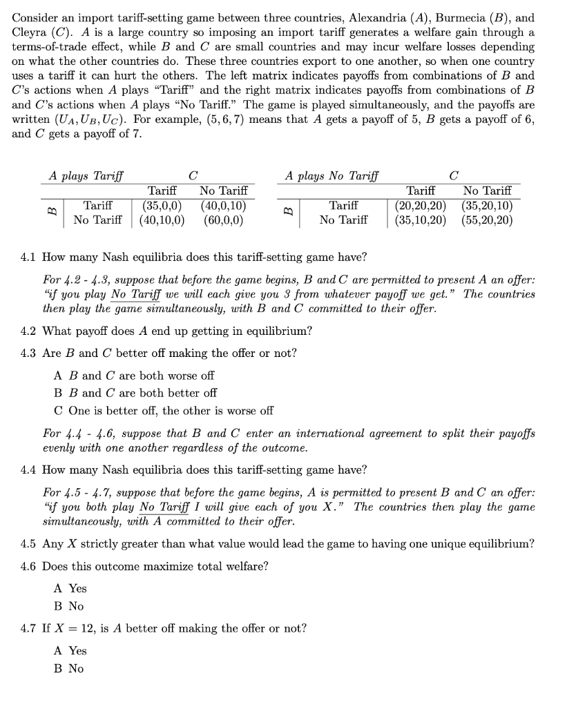 Consider an import tariff-setting game between three | Chegg.com