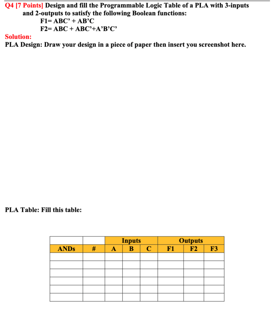 Solved Q4 [7 Points) Design and fill the Programmable Logic | Chegg.com